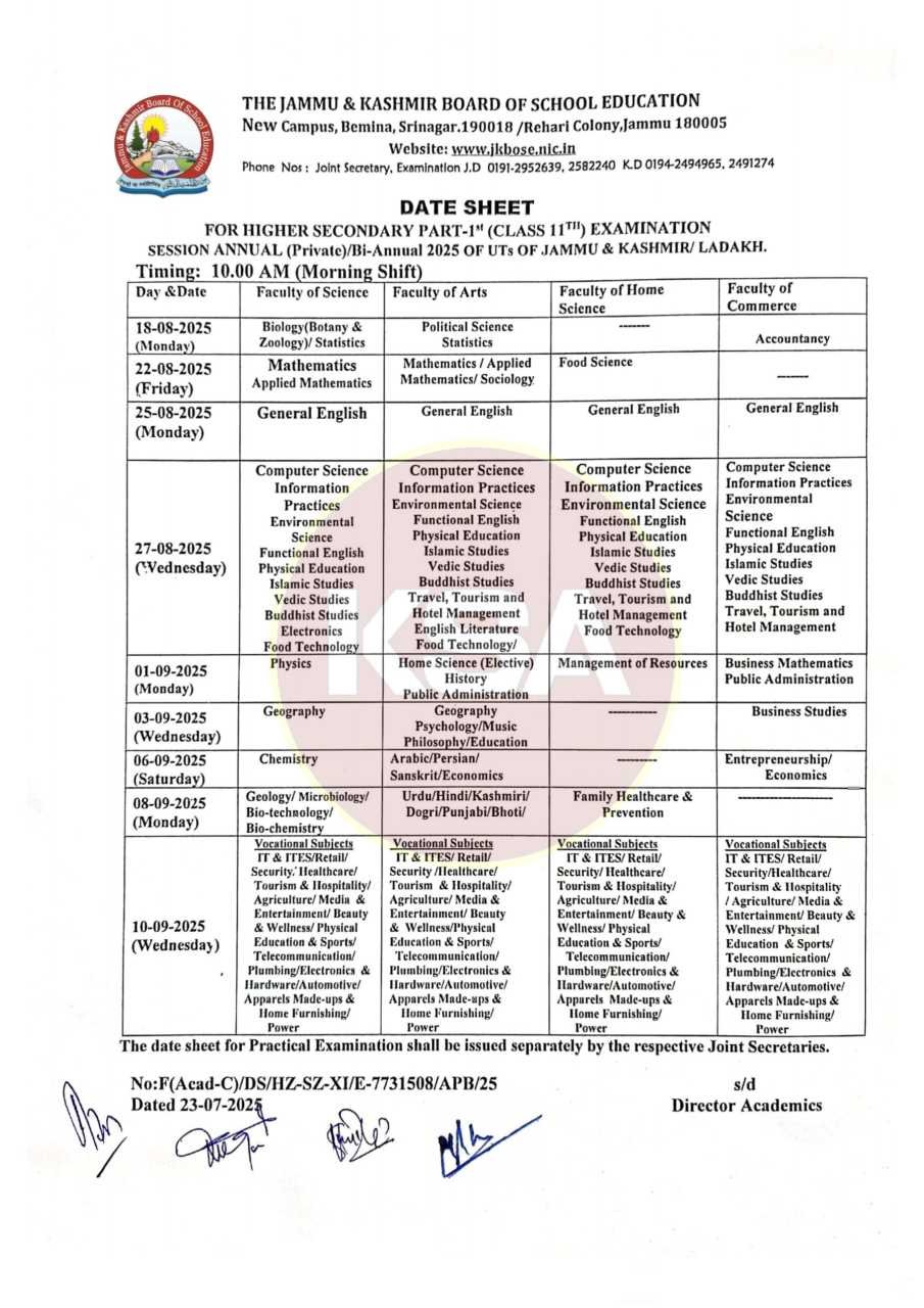 JKBOSE Class 11th Date Sheet 2025 Released for Jammu, Kashmir & Ladakh ...
